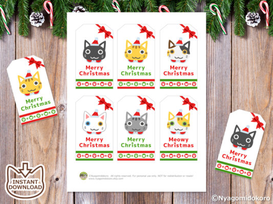 6 Cute Cats Faces Christmas Gift Tags. Set of 6 - Nyagomidokoro