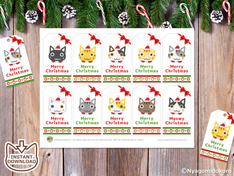 10 Cute Cats Faces Christmas Gift Tags. Set of 10 - Nyagomidokoro